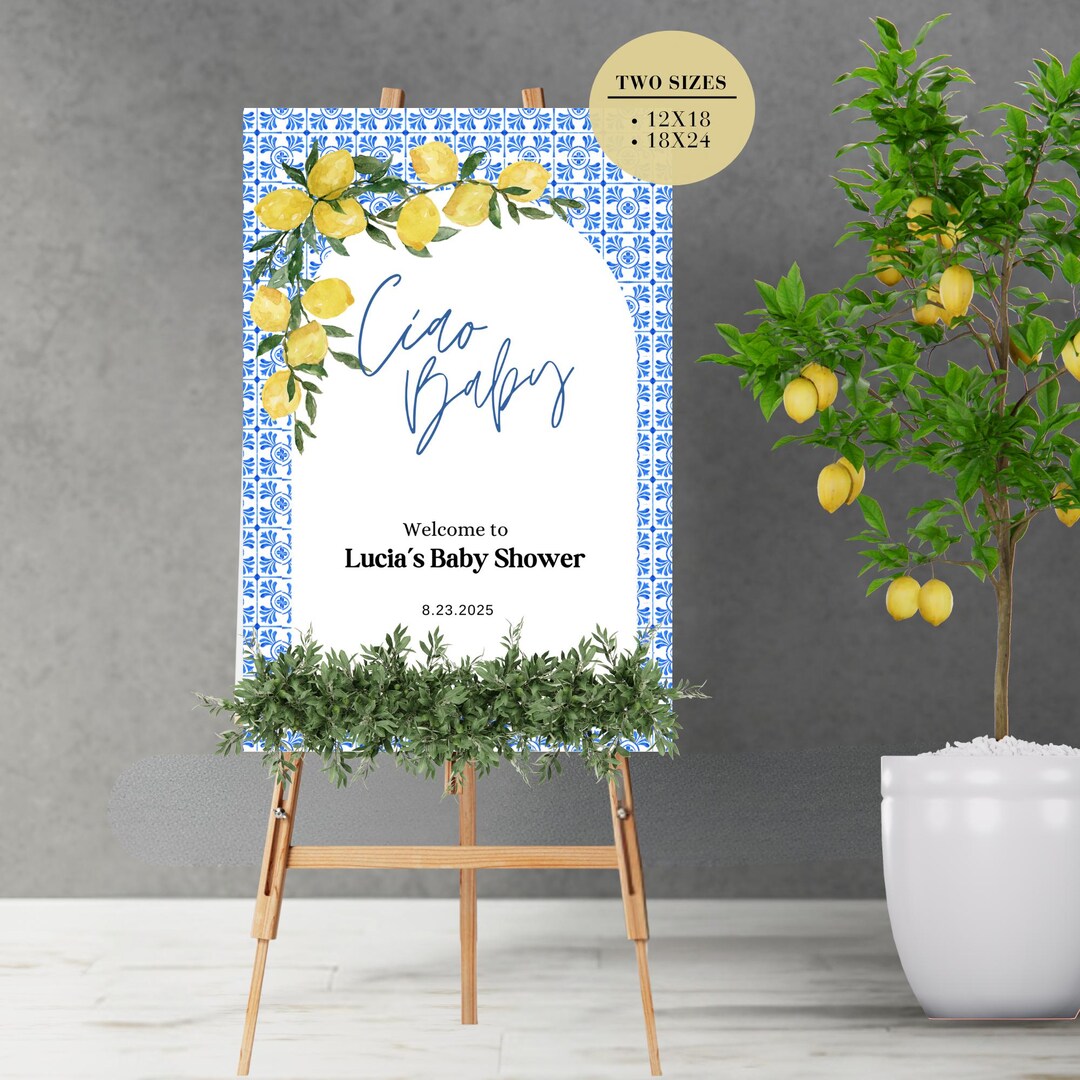 Amalfi Coast Baby Shower Welcome Sign Blue Tile and Lemon Party Themed ...