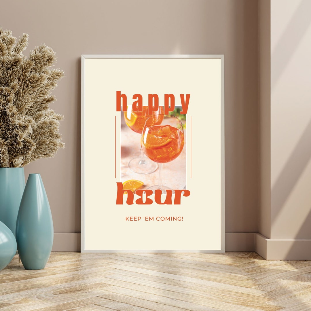 Aperol Spritz Poster, Happy Hour Art Print, Retro Cocktail Print ...