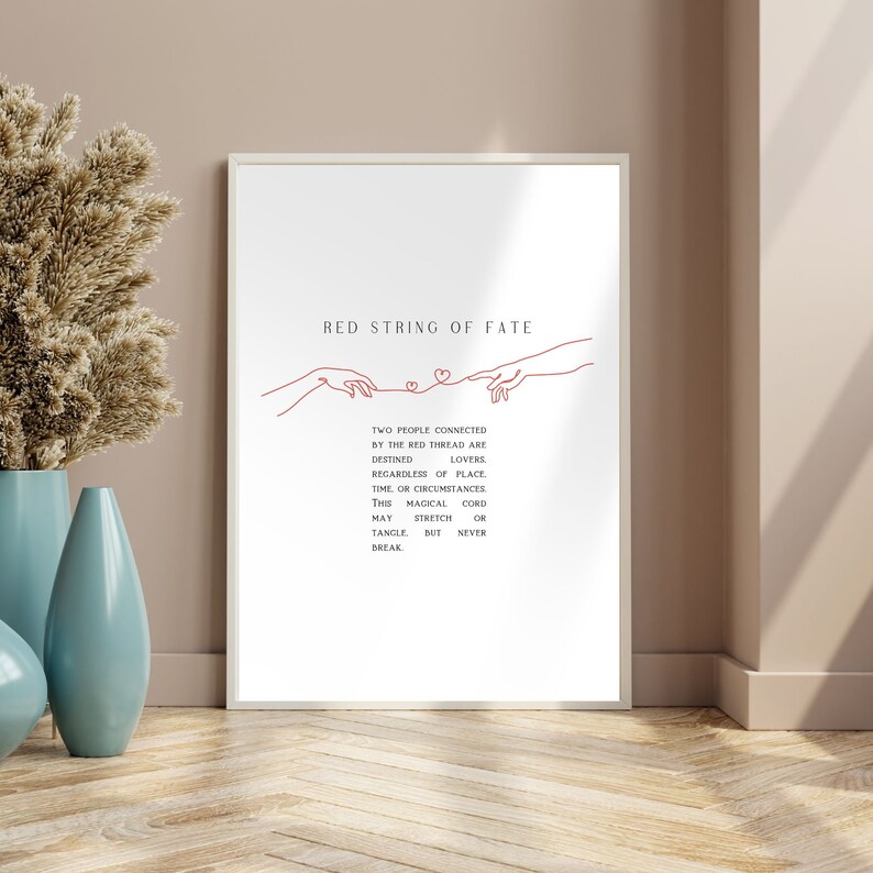Red String of Fate Wall Art Print, Red Line Art, Lover's Hands Line Art ...