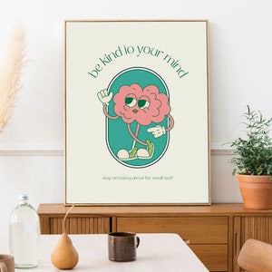 Be Kind to Your Mind, Green Retro Art Print, Self Love Wall Art ...
