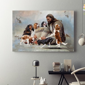 Vintage Smiling Jesus Christ Playing With Cavalier King Charles Spaniel ...