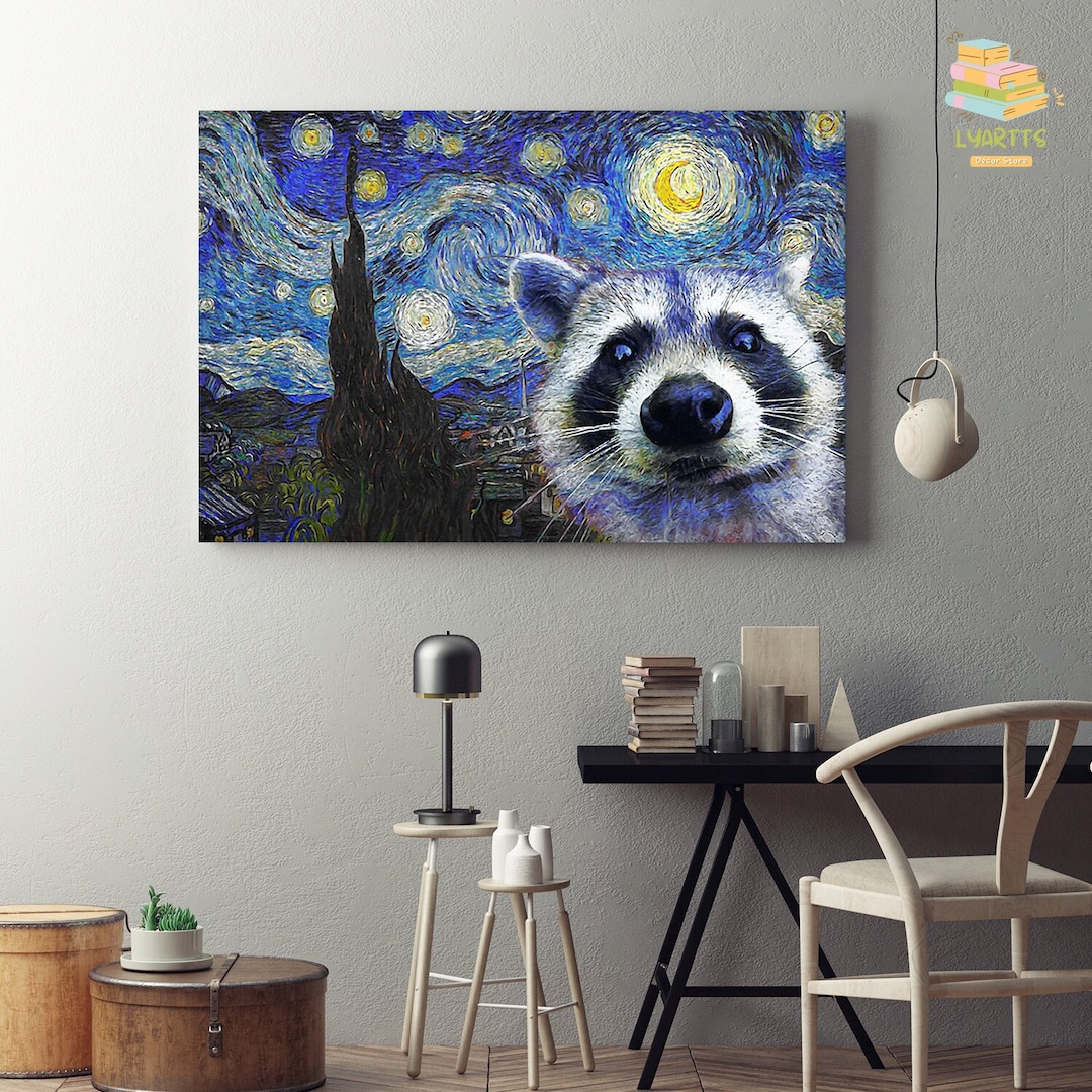 Raccoon Starry Night Van Gogh Framed Canvas, Unframed Poster, Starry ...