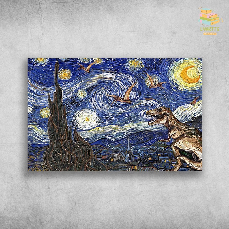 Starry Night With Dinosaurs Framed Canvas, Unframed Poster, Dinosaurs ...