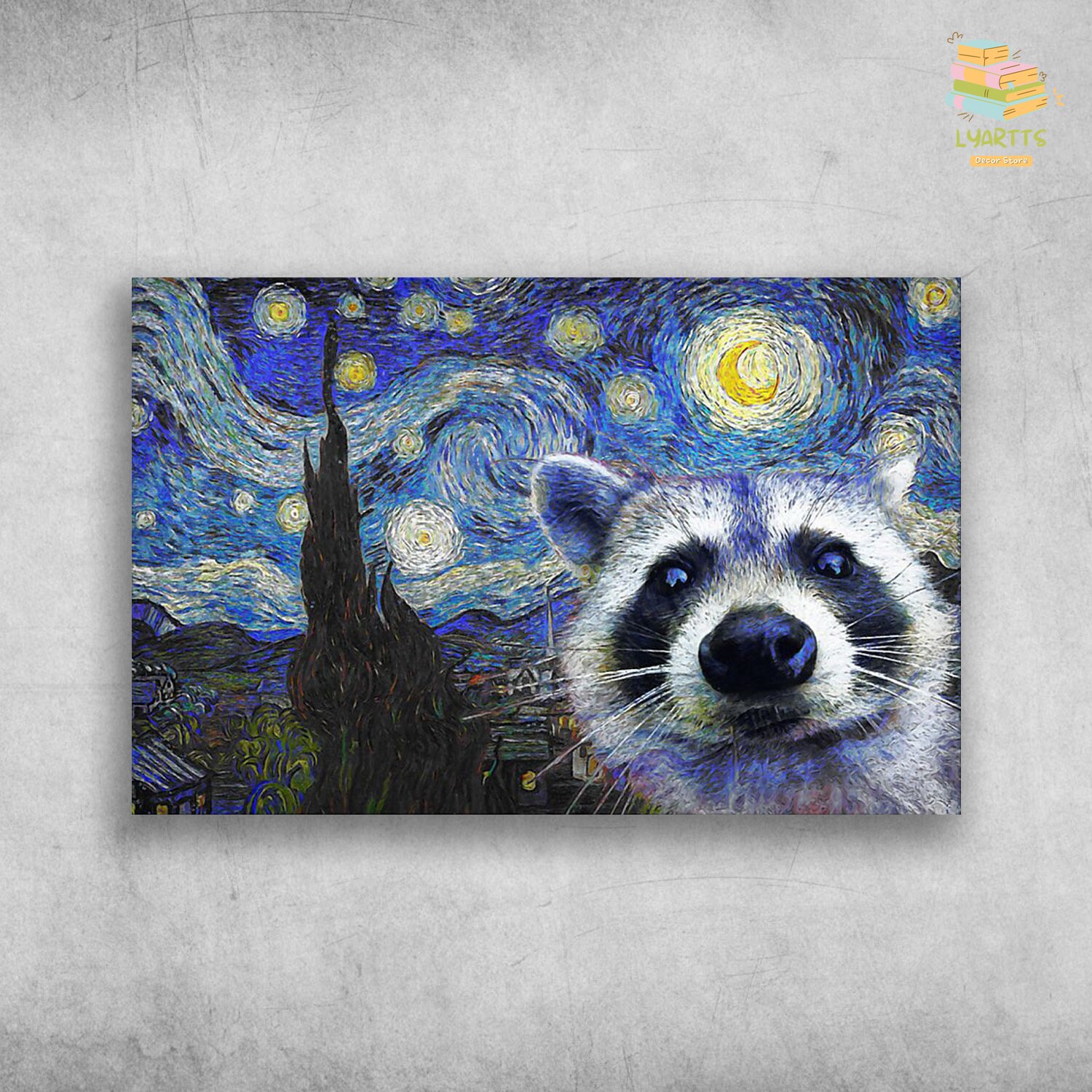Raccoon Starry Night Van Gogh Framed Canvas, Unframed Poster, Starry ...
