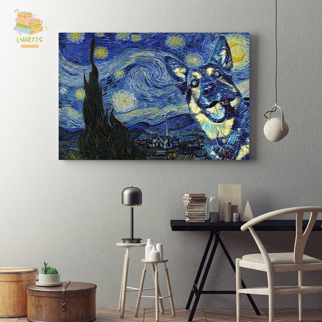 German Shepherd Starry Night Vintage Framed Canvas, Unframed Poster ...