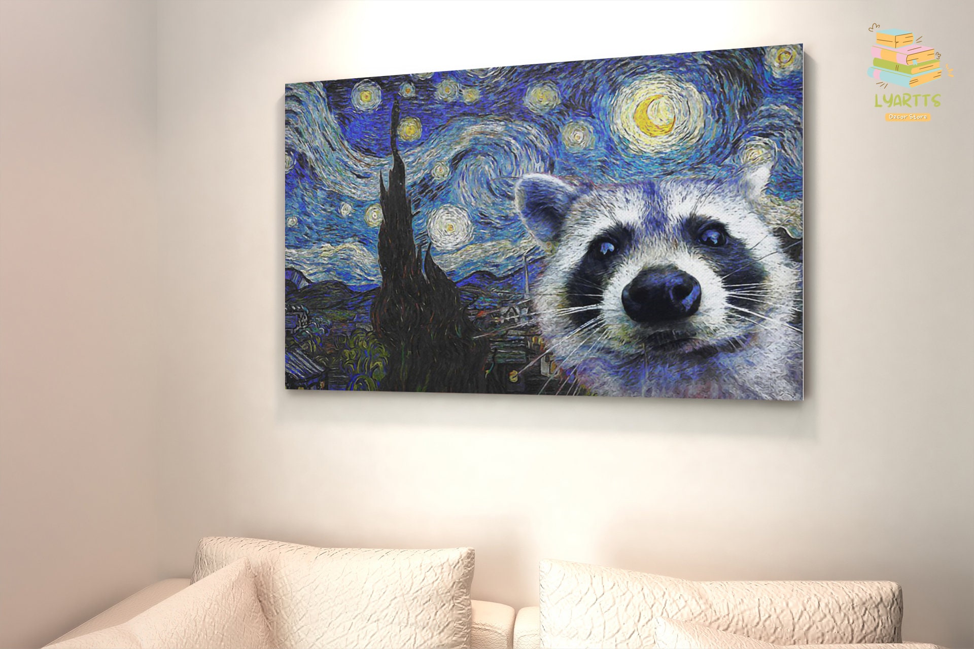 Raccoon Starry Night Van Gogh Framed Canvas, Unframed Poster, Starry ...