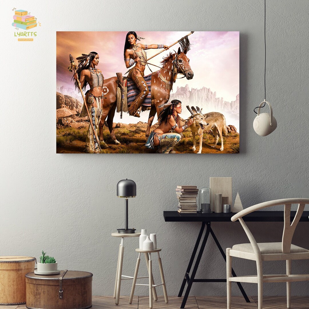 Native American Women Riding Horse Vintage Framed Canvas, Unframed ...