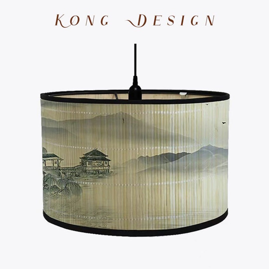 Chinese Landscape Painting Bamboo Lamp Shade Vintage Style Light Cover ...