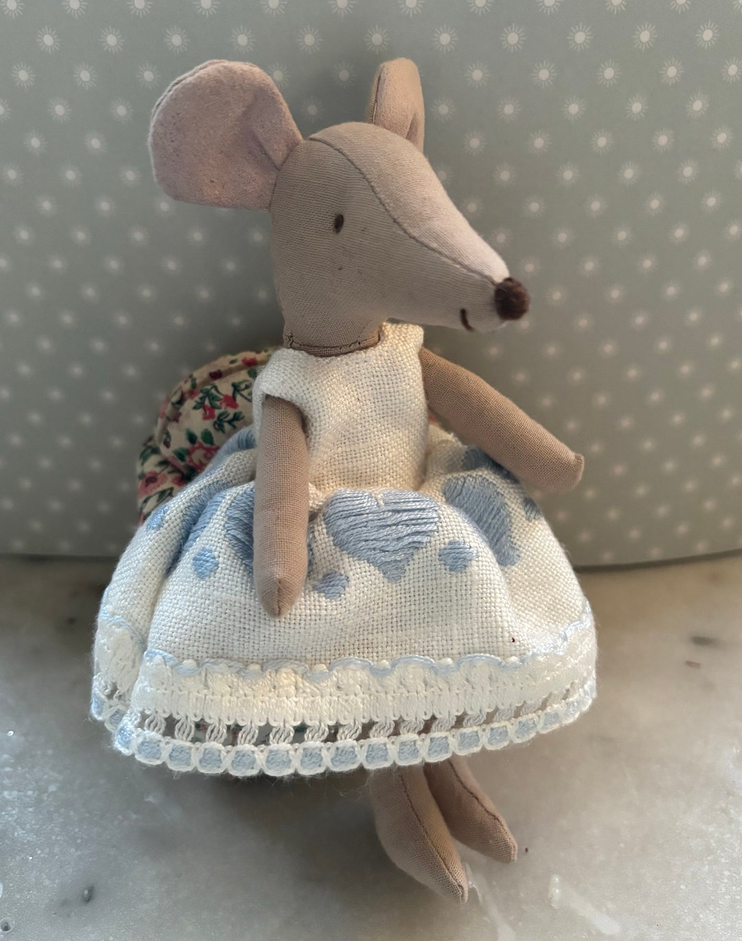 Maileg Mouse Handmade Linen Dress Made From Vintage Embroided Heart ...
