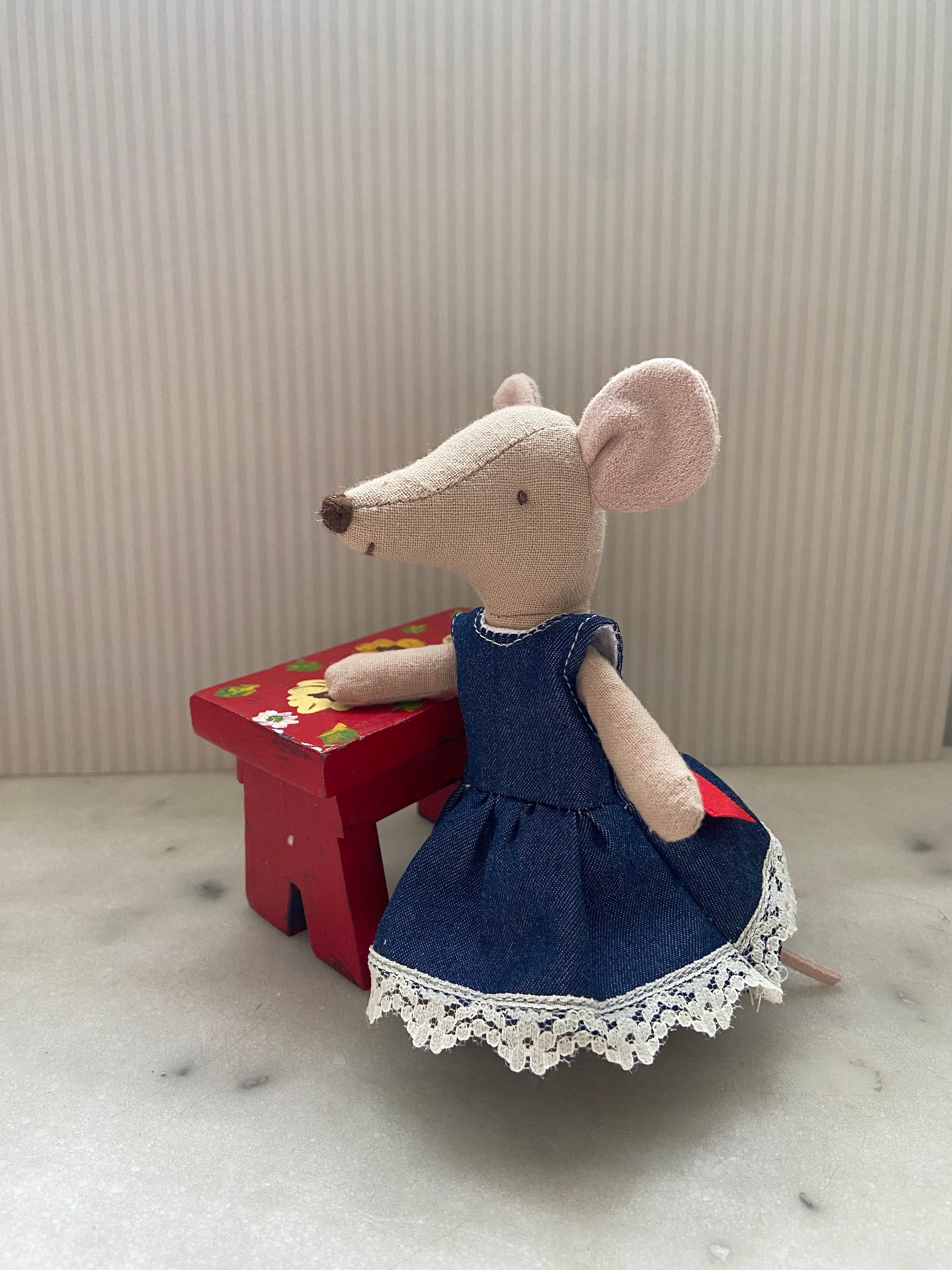Maileg Mouse Gorgeous Denim Dress With Red Bow and Vintage - Etsy