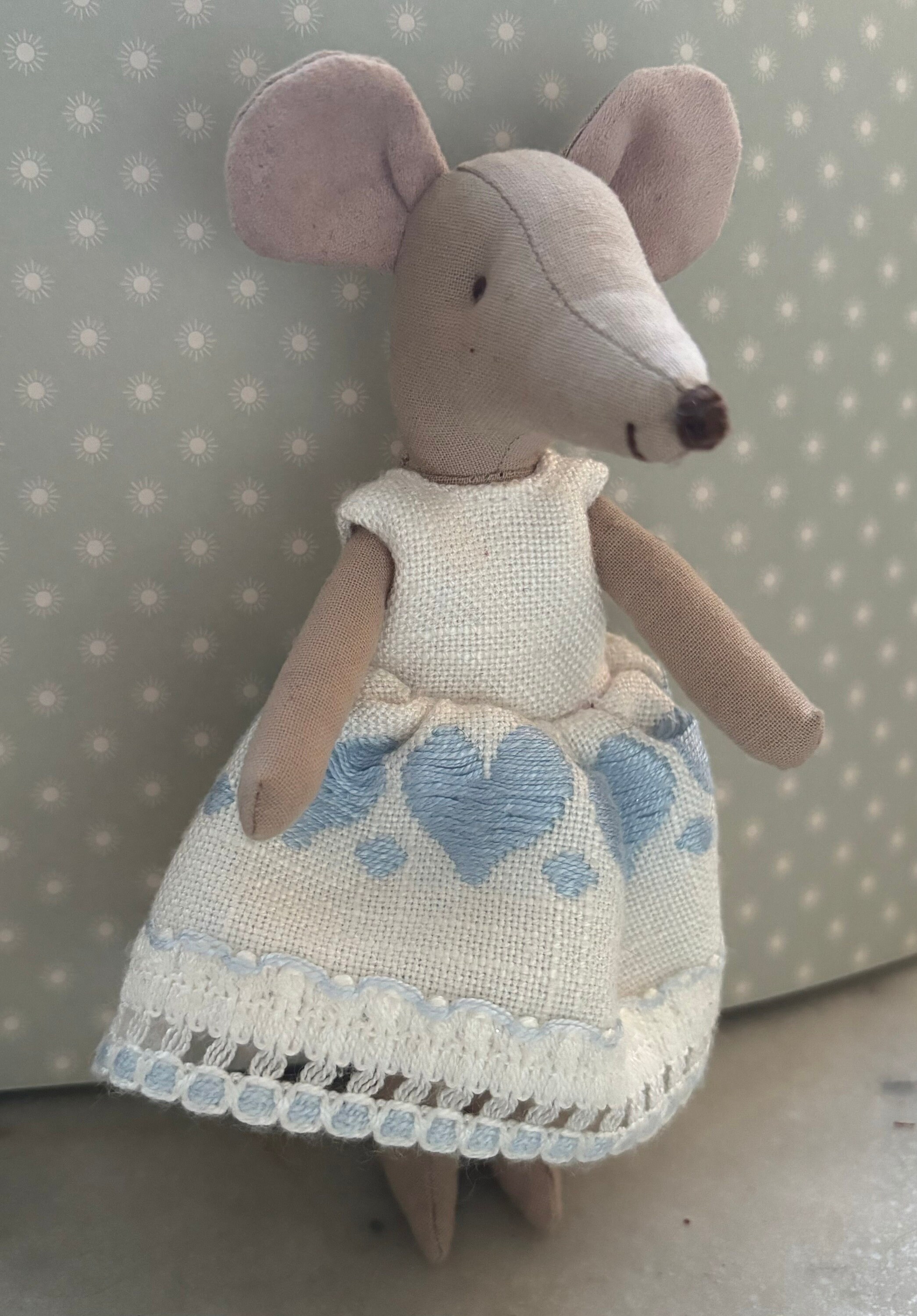 Maileg Mouse Handmade Linen Dress Made From Vintage Embroided Heart ...