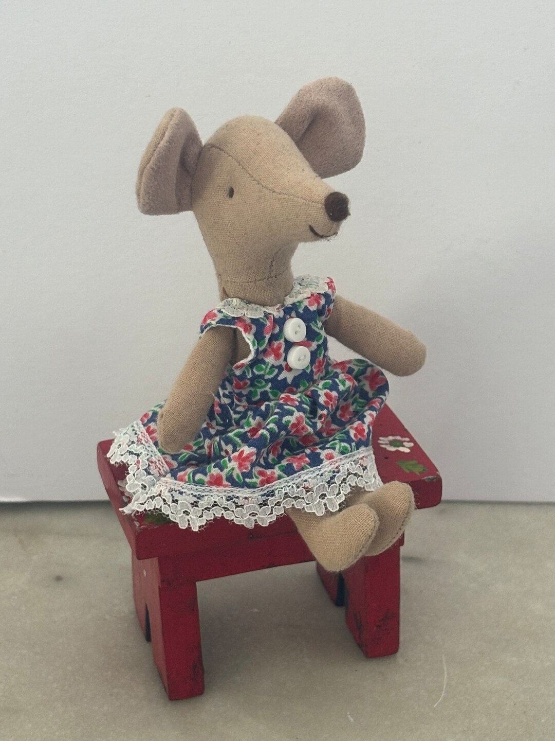 Maileg Mouse Handmade Tea Dress , Dark Floral Print With Vintage Lace ...