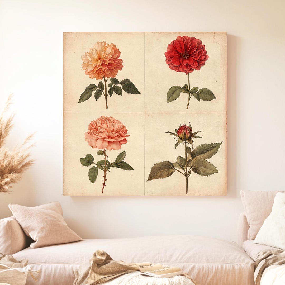 Botanical Print of Roses and Dahlias Wall Art, Vintage Floral Poster ...