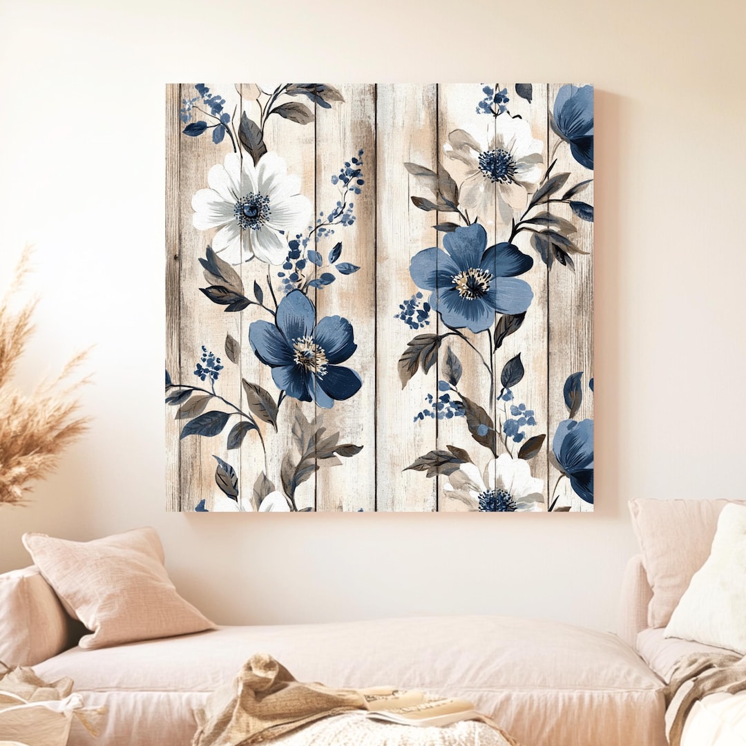 Rustic Blue Floral Farmhouse Plank Wall Art, Country Wood Poster ...