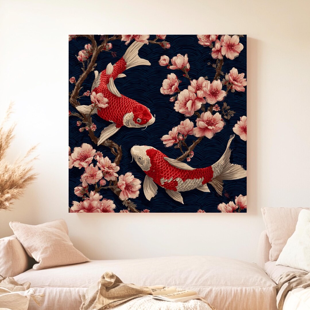 Japanese Textile Koi Fish With Cherry Blossoms Wall Art, Asian Floral ...
