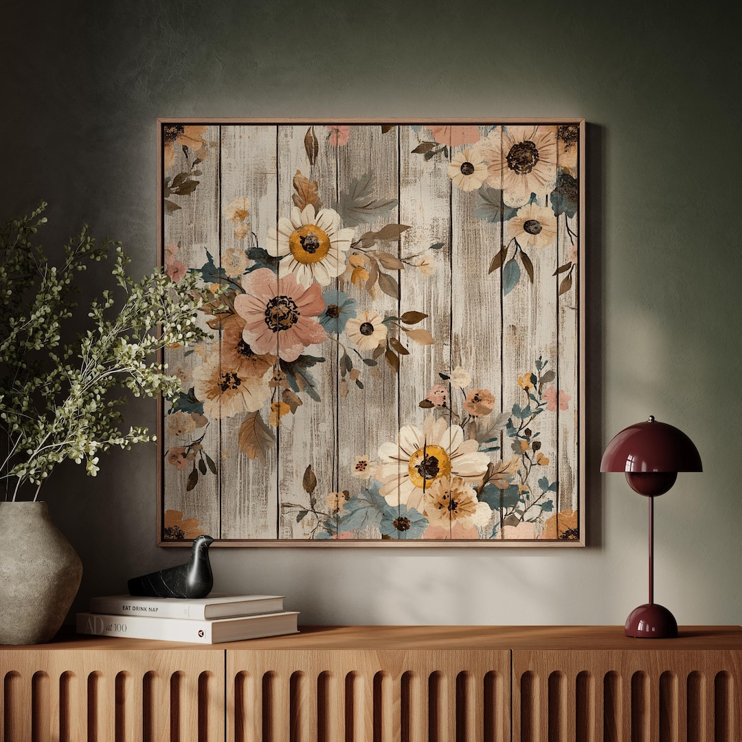 Rustic Floral Wall Art, Wood Panel Flower Poster, Shabby Chic Framed ...