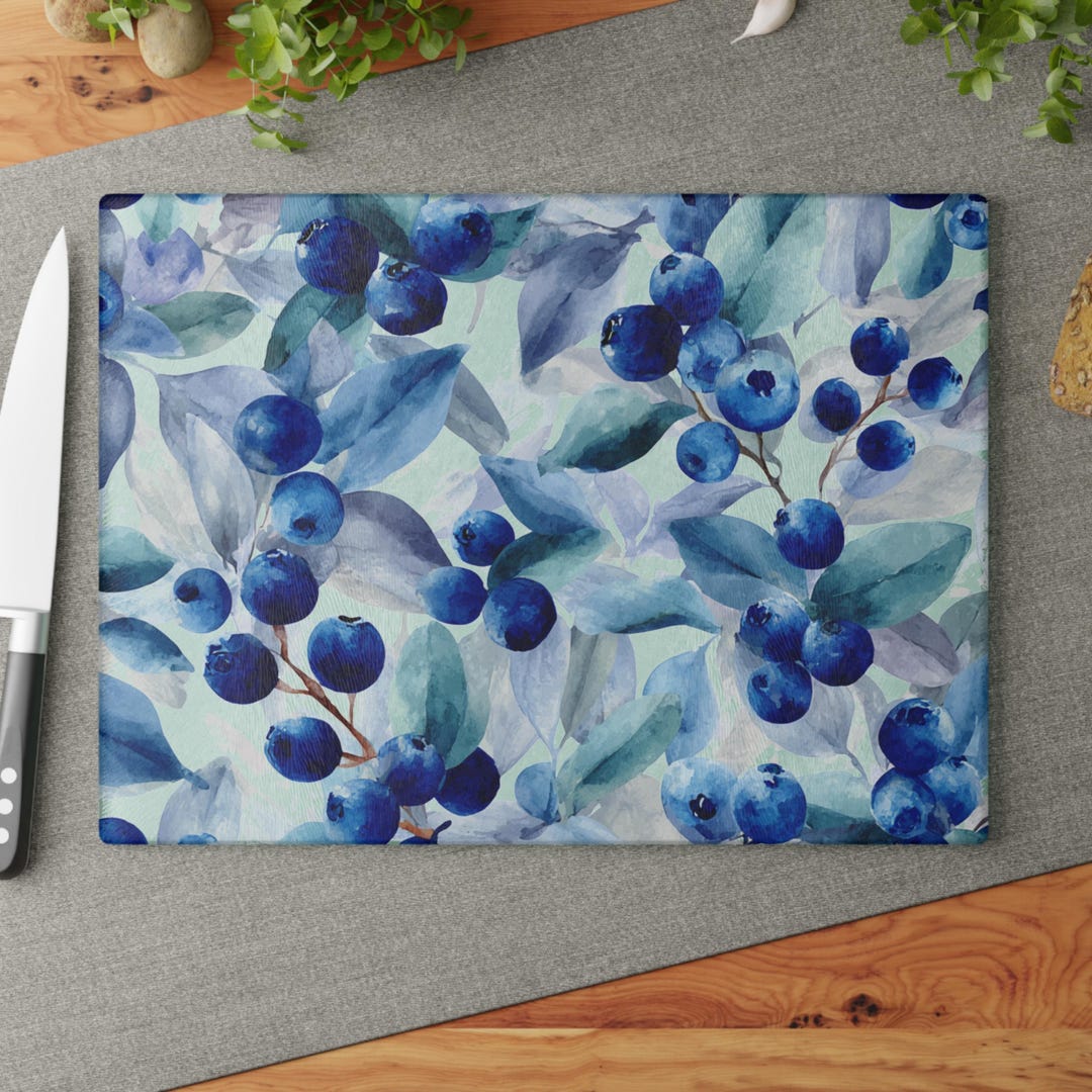 Watercolor Blueberries and Leaves Pattern Glass Cutting Board, Berry ...