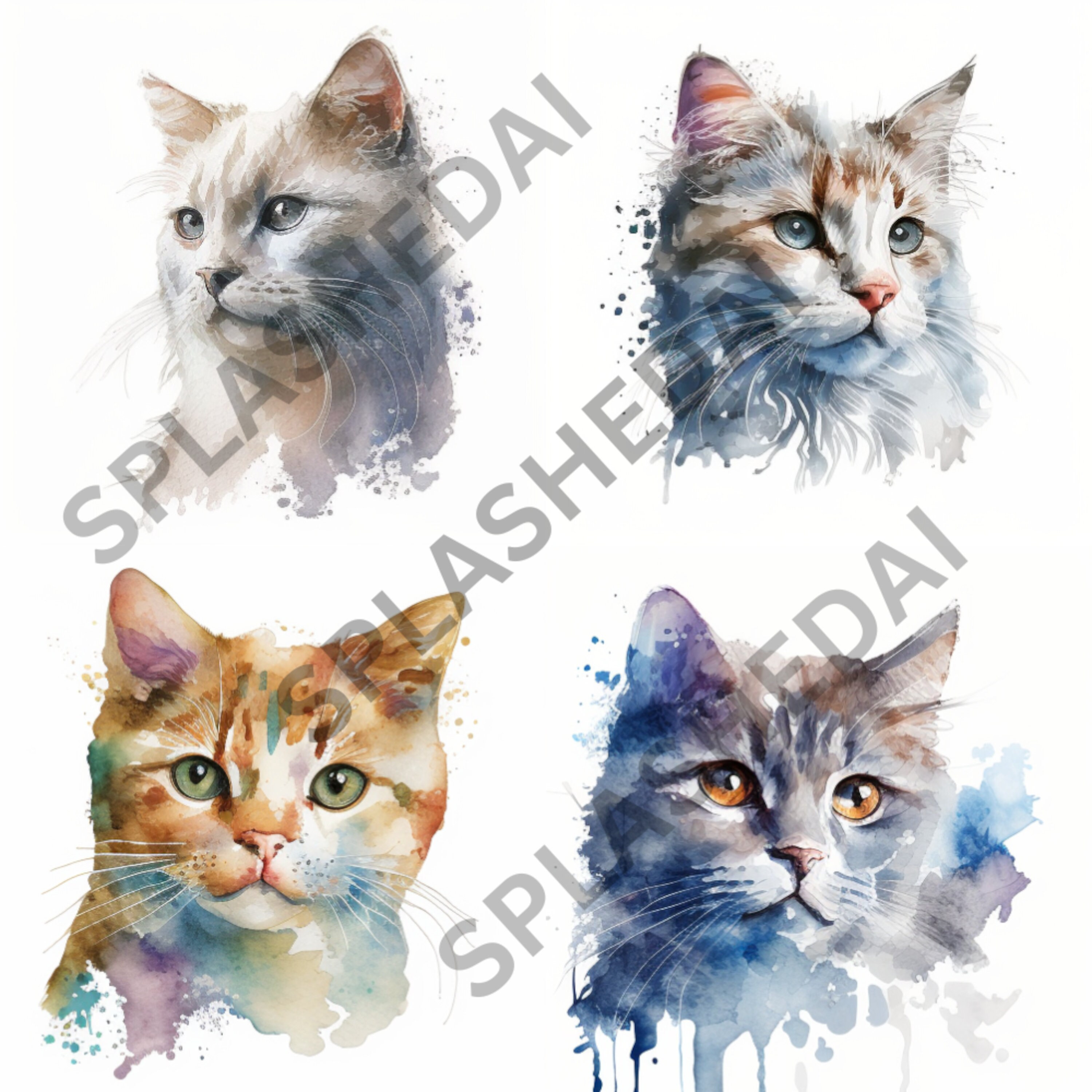 Beautiful Watercolor Cats Clipart - Instant Download, Commercial Use ...