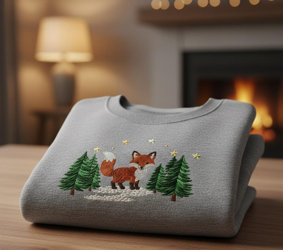 Fox Embroidered Sweatshirt With Pine Trees and Stars Cozy Winter ...