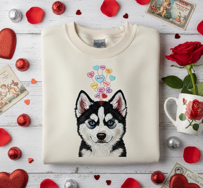 Custom Cute Husky Valentine Illustration Shirt, Sweet Candy Heart Dog ...