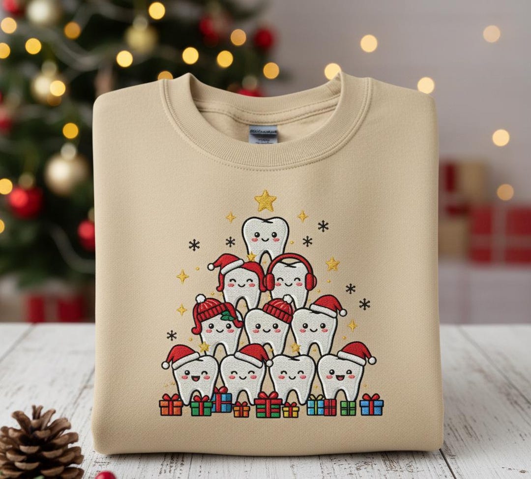 Custom Embroidered Tooth Christmas Tree Sweatshirt With Cute Dental ...