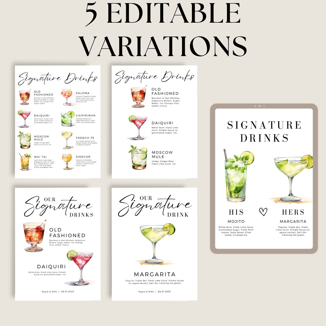 Signature Drink Sign Printable Bar Cocktail Drinks Menu - Etsy
