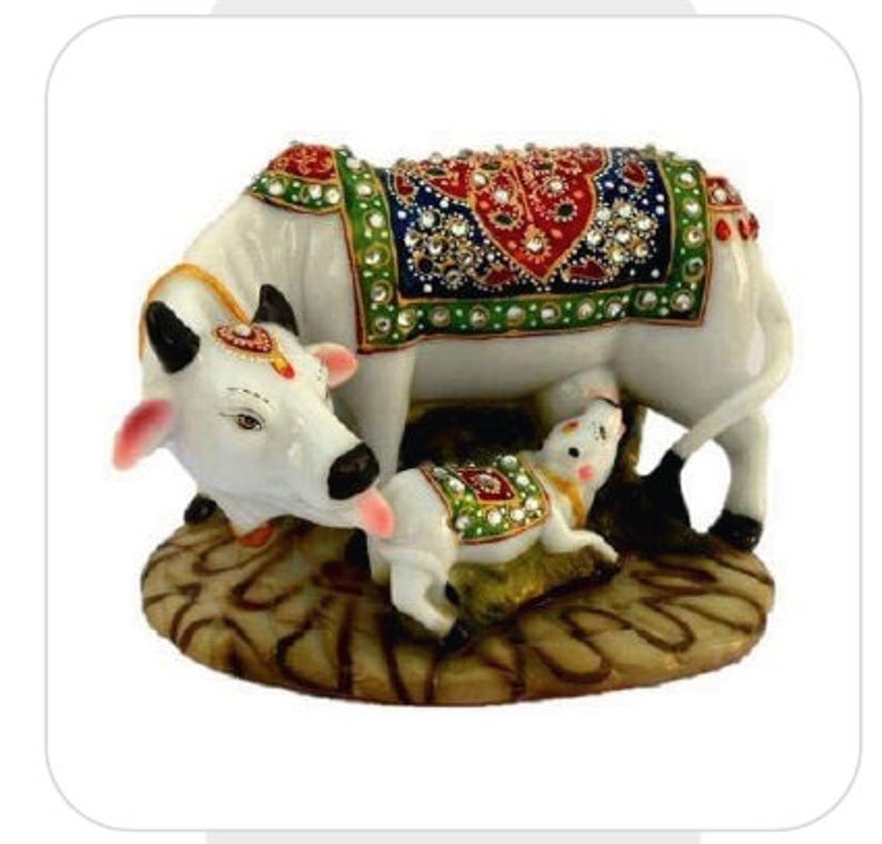 Polyresin Hand Painted Kamdhenu Cow With Calf God Figure Showpiece ...