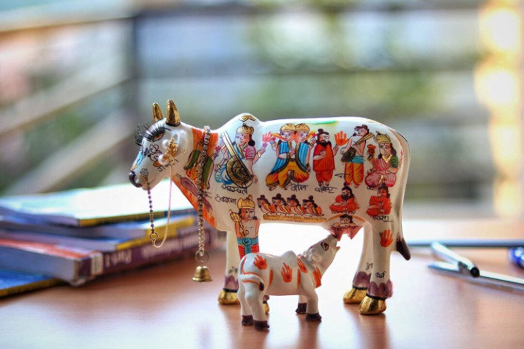 Polyresin Hand Painted Kamdhenu Cow With Calf God Figure Showpiece ...