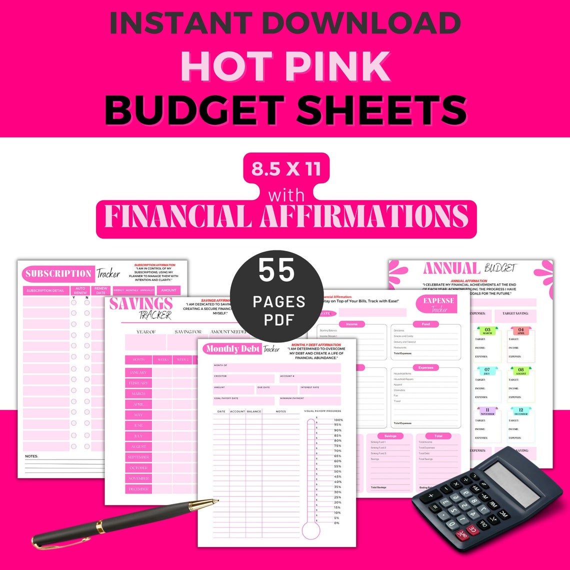 Hot Pink Budget Sheets, All-in-one Spending Tracker, Expense Saving ...
