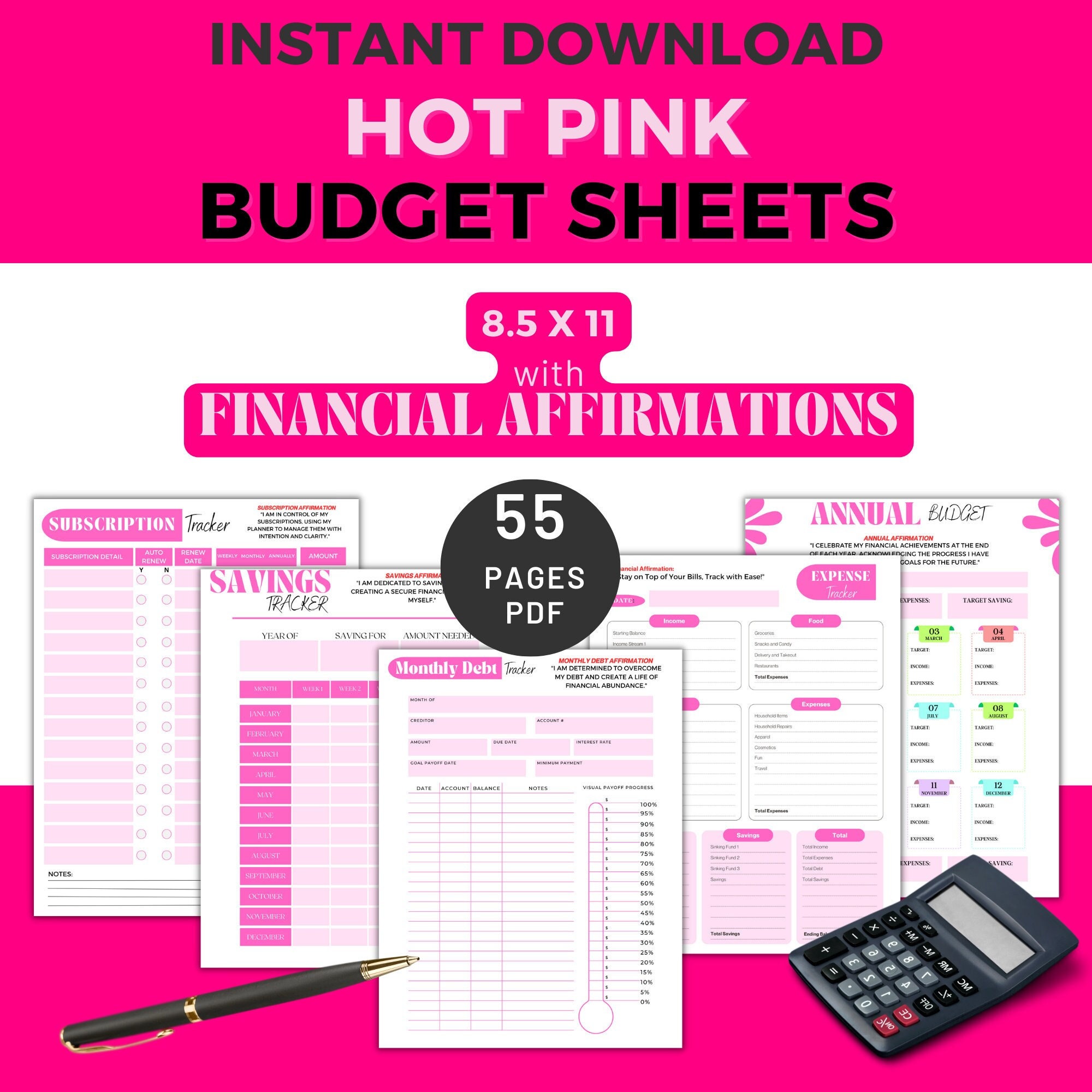Hot Pink Budget Sheets, All-in-one Spending Tracker, Expense Saving ...