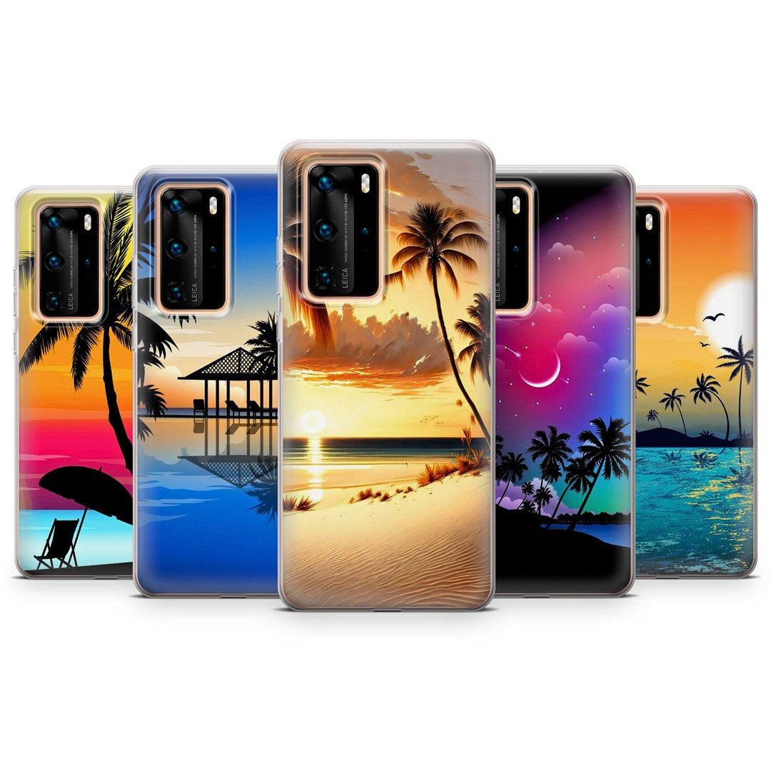 Étui de téléphone tropical, palmier, coucher de soleil, palmiers, plage ...