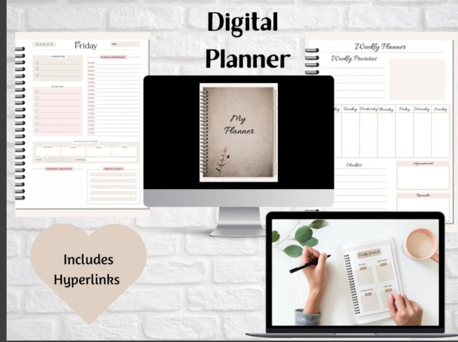 Aesthetic Undated Digital Planner With Hyperlinks | Hyperlinked Planner ...