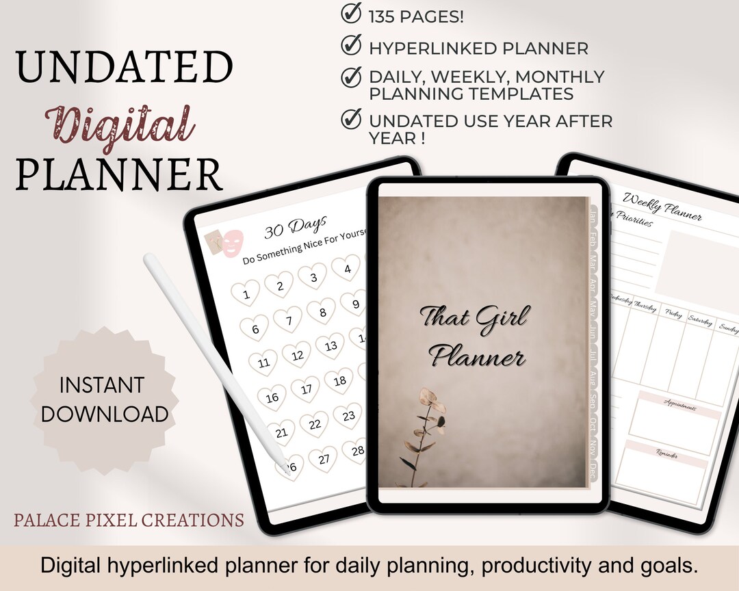 Aesthetic Undated Digital Planner With Hyperlinks | Hyperlinked Planner ...