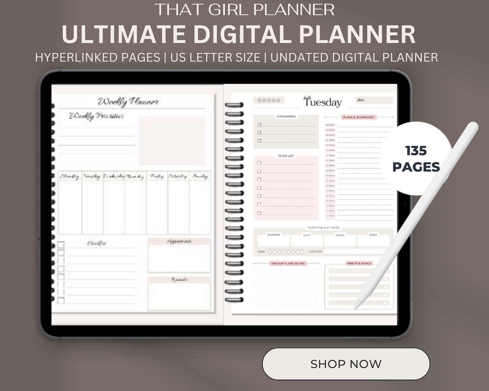 Aesthetic Undated Digital Planner With Hyperlinks | Hyperlinked Planner ...