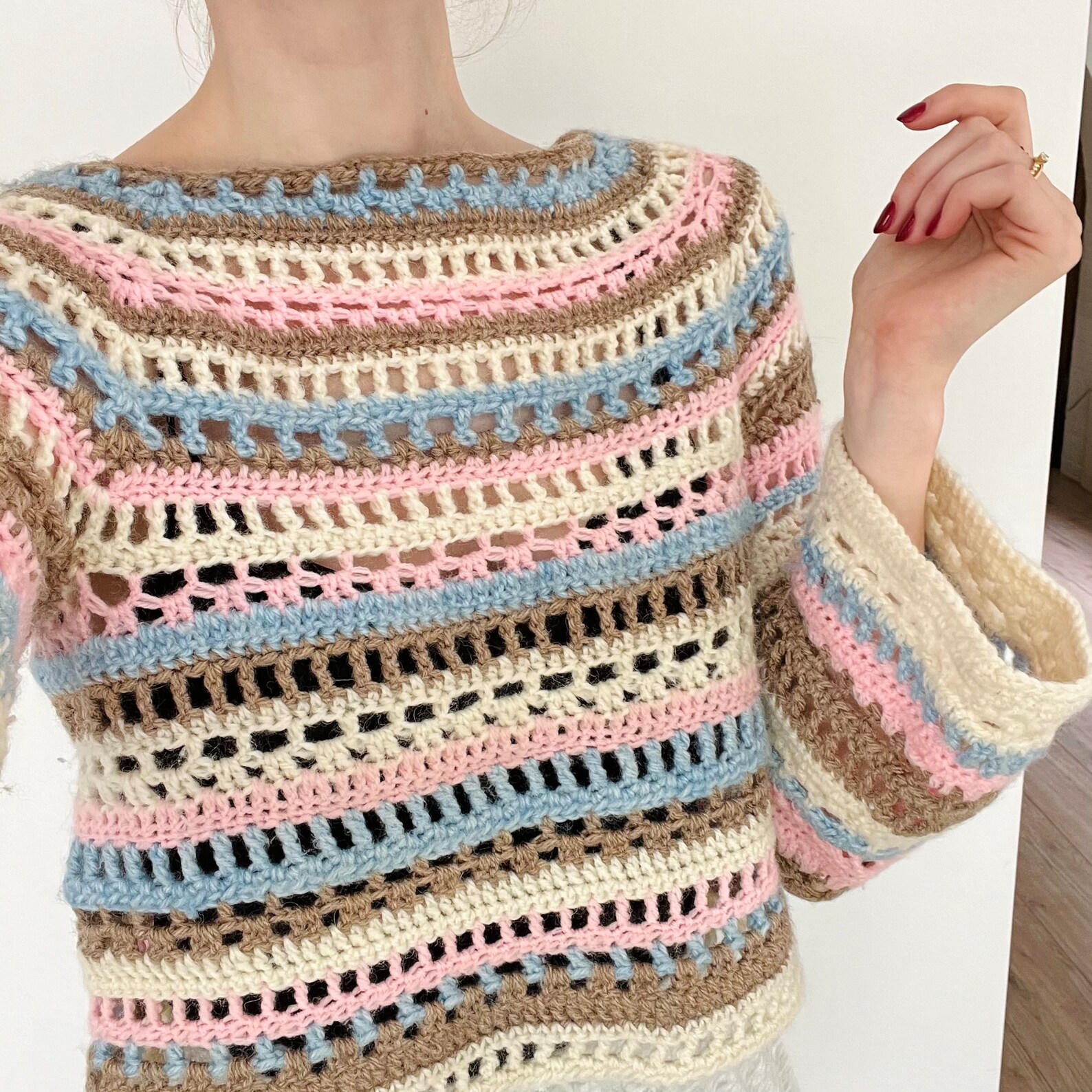 Ivory Lace Top Crochet Pattern Mesh Sweater Easy Beginner Crochet ...