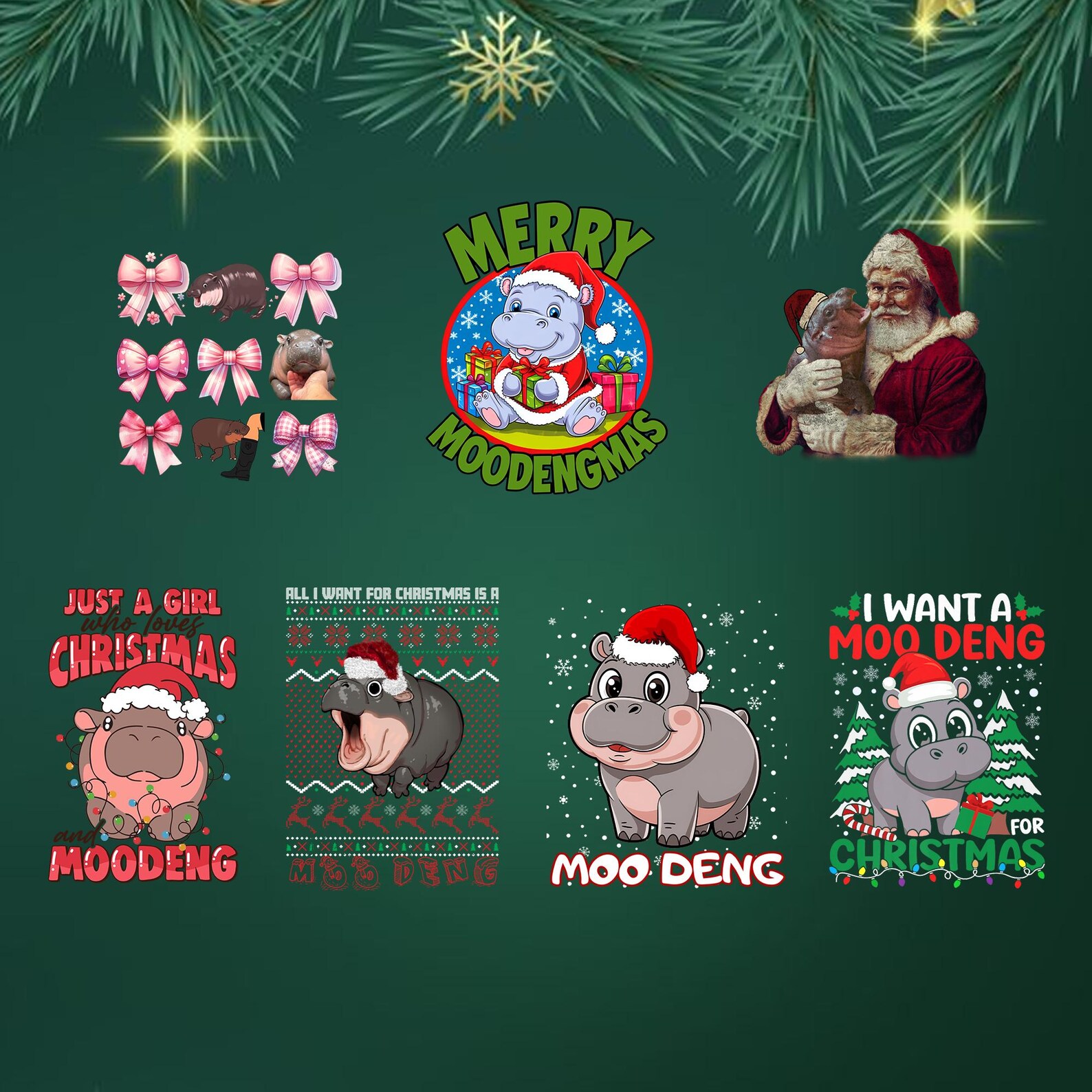 Bundle Moo Deng Christmas PNG, Funny Christmas Sublimation PNG, Moo ...