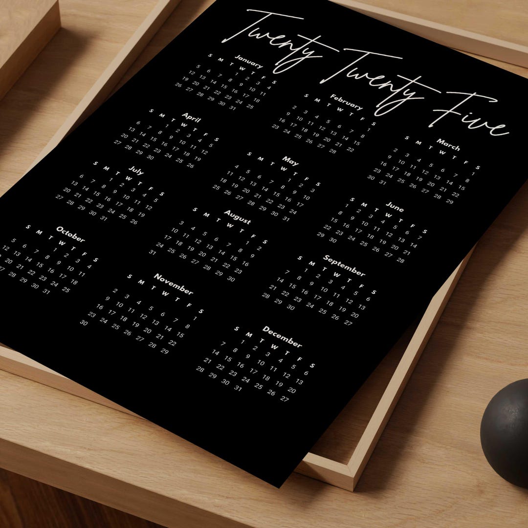 2025 One-page Annual Wall Calendar – Black & White Text, Office Print ...