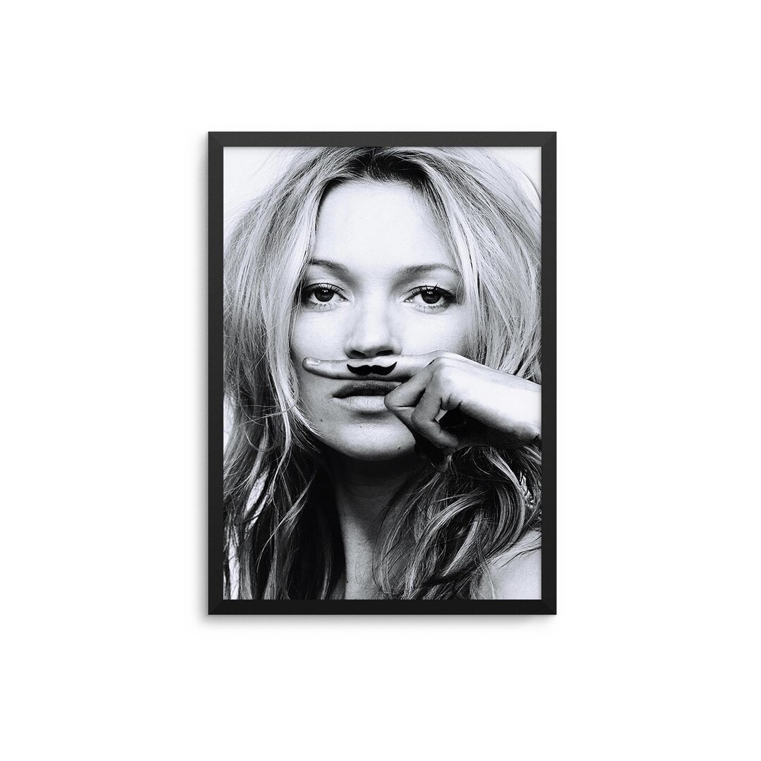 Kate Moss Moustache Poster, Black and White, Living Room Print, Fashion ...