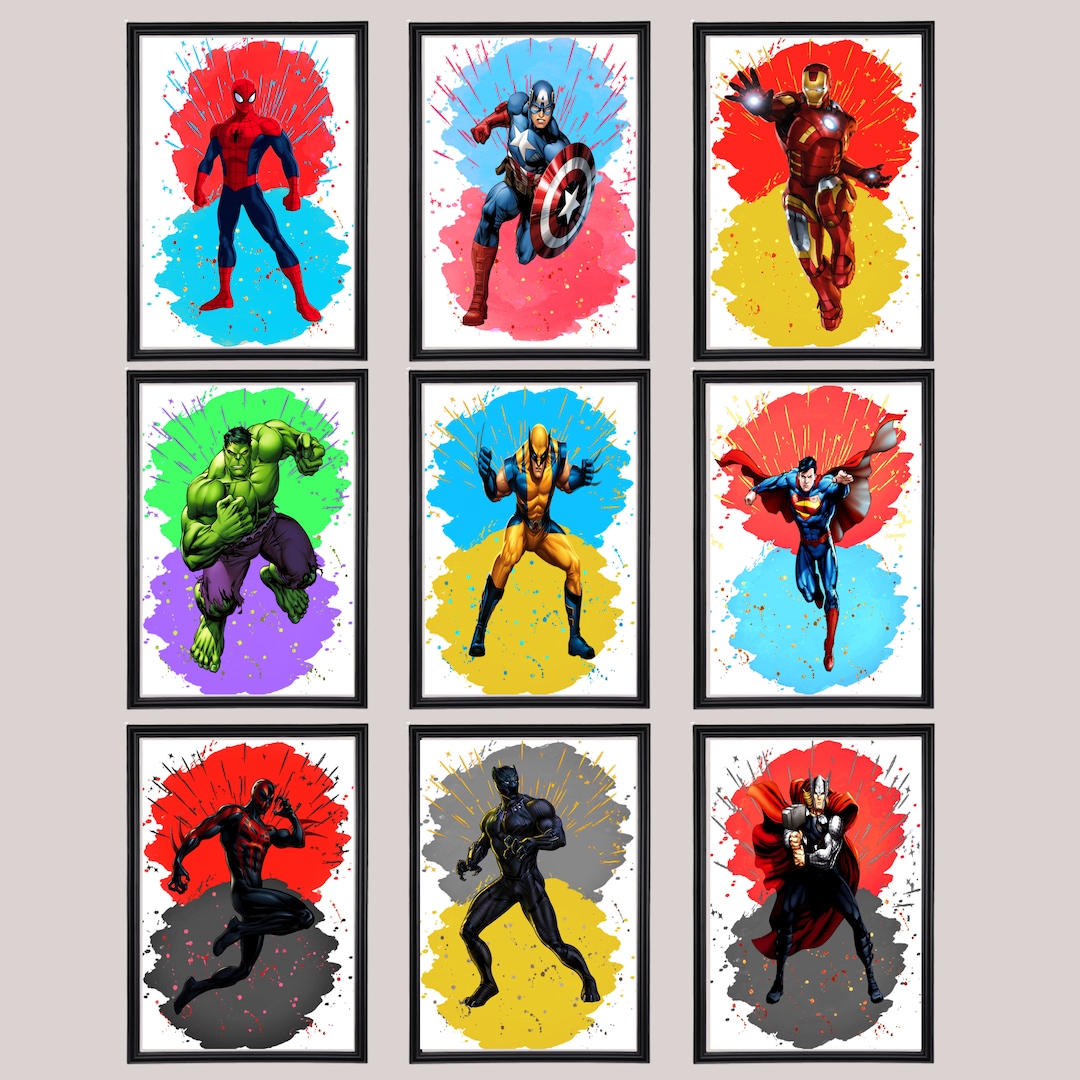 Superhero Comic Poster Set 10, Marvel Wall Art, Kids Room Wall Decor ...