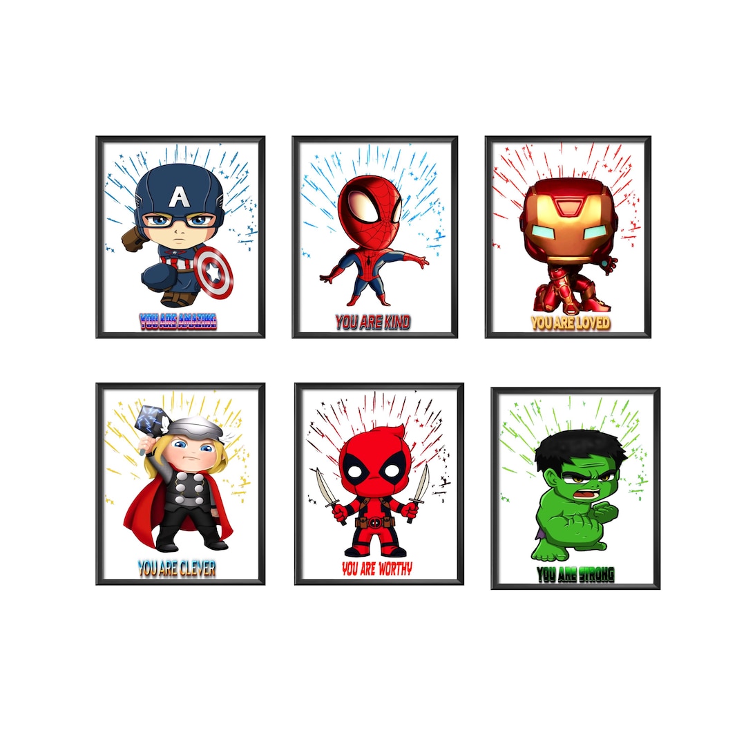 Set of 6 Marvel Superhero Digital Affirmations Wall Art , Marvel ...