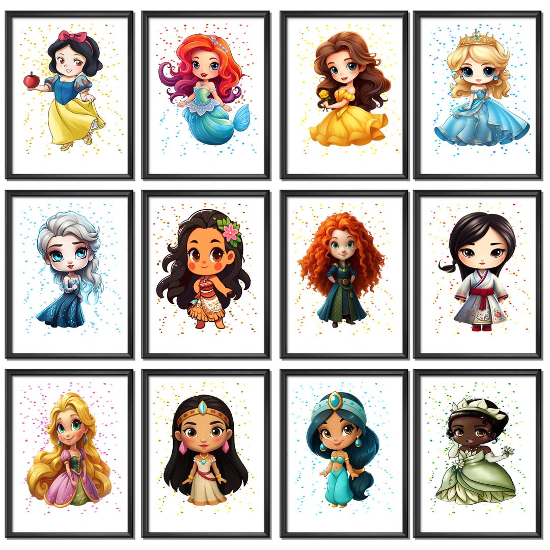 Set of 12 Digital Cute Princess Wall Art, Princess Clipar, Chibi ...