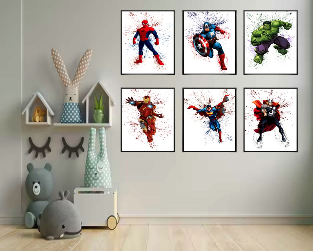 Set 6 Superhero Print, Digital Watercolor Marvel Poster, Avenger Kids ...