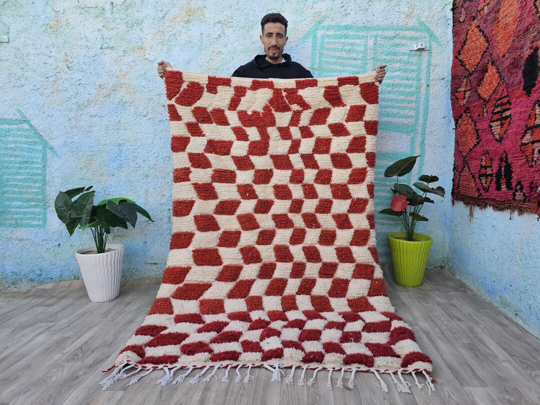 Large Red and White Checkered Rug, Moroccan Berber Checkered Rug ...