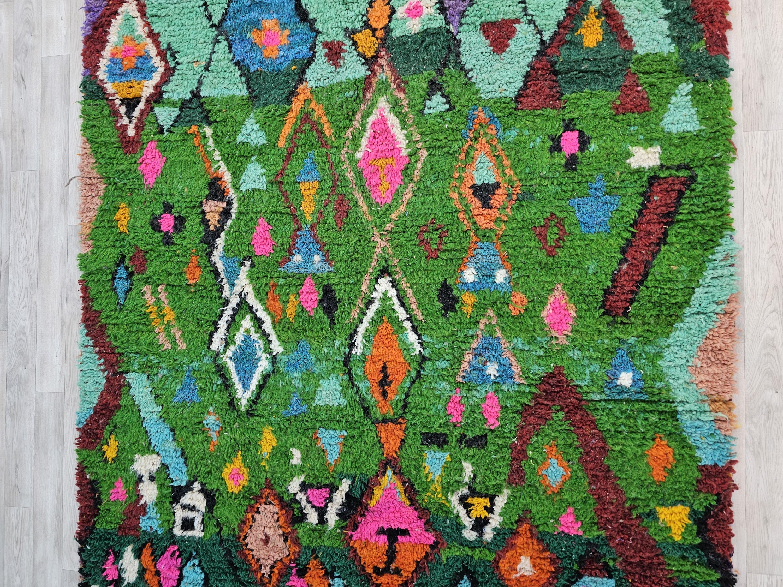 Fine Moroccan Green Rug, Colorful Boujaad Rug, Handmade Rug, All Wool ...