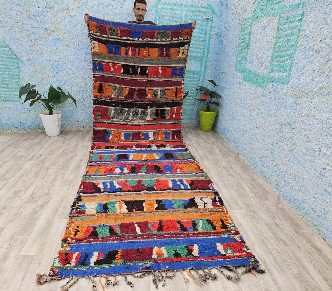 Vintage Moroccan Colorful Tribalel Rehamna Berber Boho'4'5x12'7 Ft' Rug ...