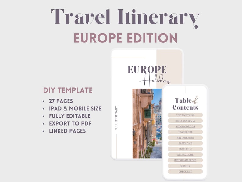 Europe Holiday Travel Itinerary Mobile & iPad Template. Digital ...