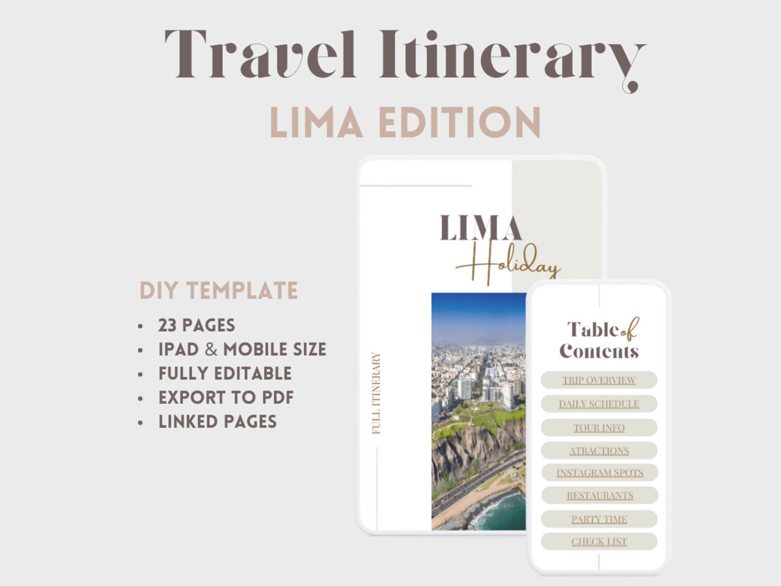 Lima Holiday Travel Itinerary Mobile & iPad Template. Digital Editable ...