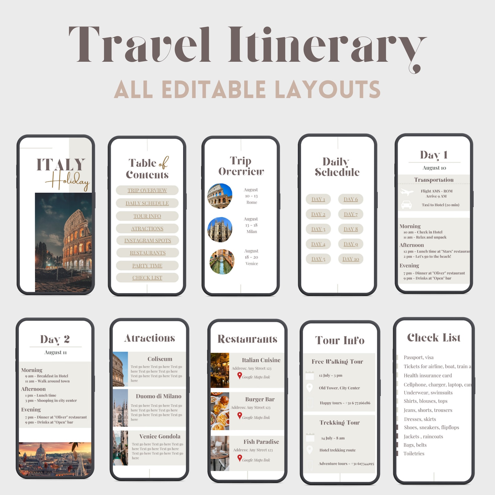 Italy Holiday Travel Itinerary Mobile & iPad Template. Digital Editable ...