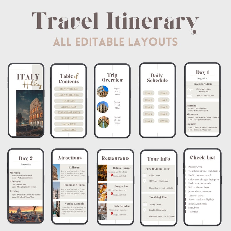 Italy Holiday Travel Itinerary Mobile & iPad Template. Digital Editable ...