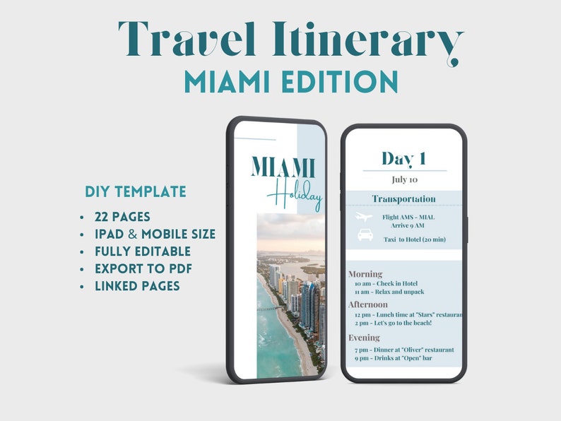 Miami Holiday Travel Itinerary Mobile & iPad Template. Digital Editable ...